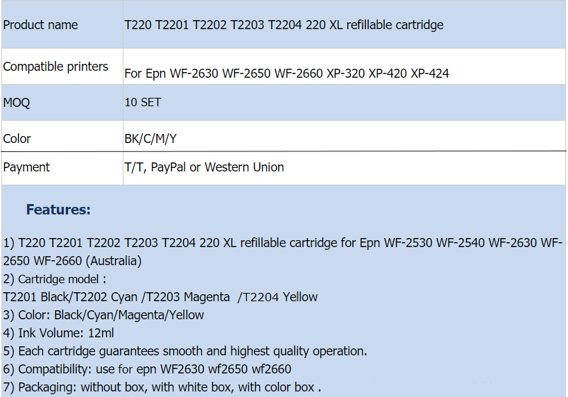 T2201 T2202 T2203 T2204 220 XL refillable cartridge for epson WF-2530 ...